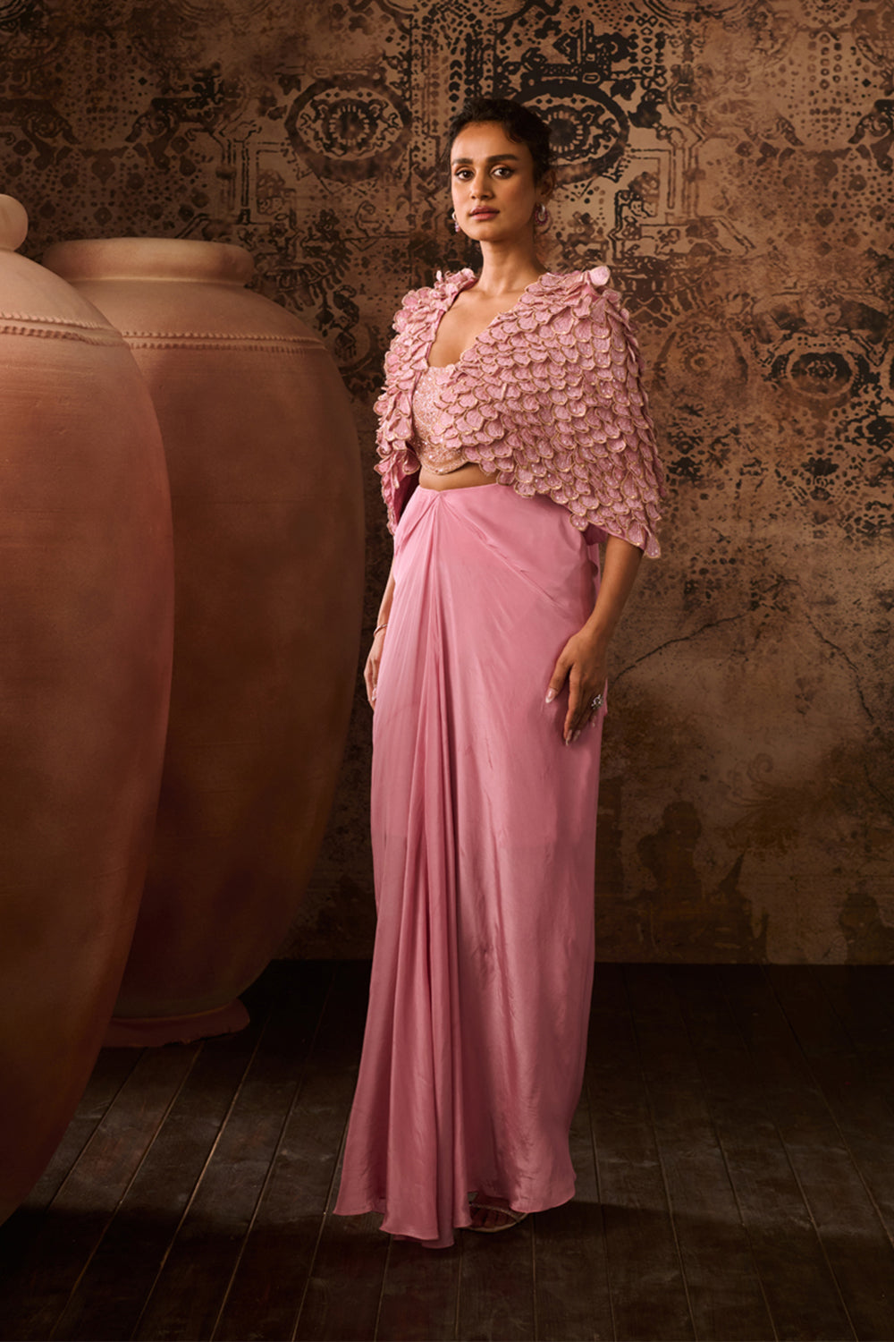 Onion Pink Embroidered Jacket With Embroidered Bustier With Drape Skir